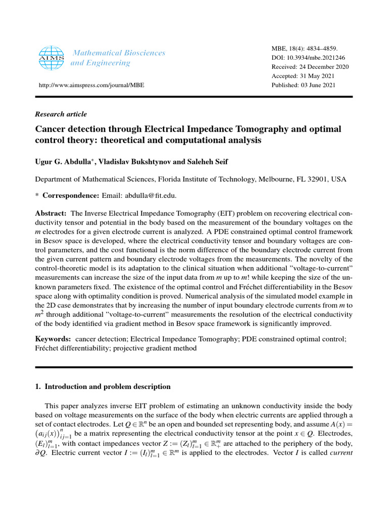 Cancer Detection Through Electrode Impedance Tomography and Optimal Control Theory | PDF ...