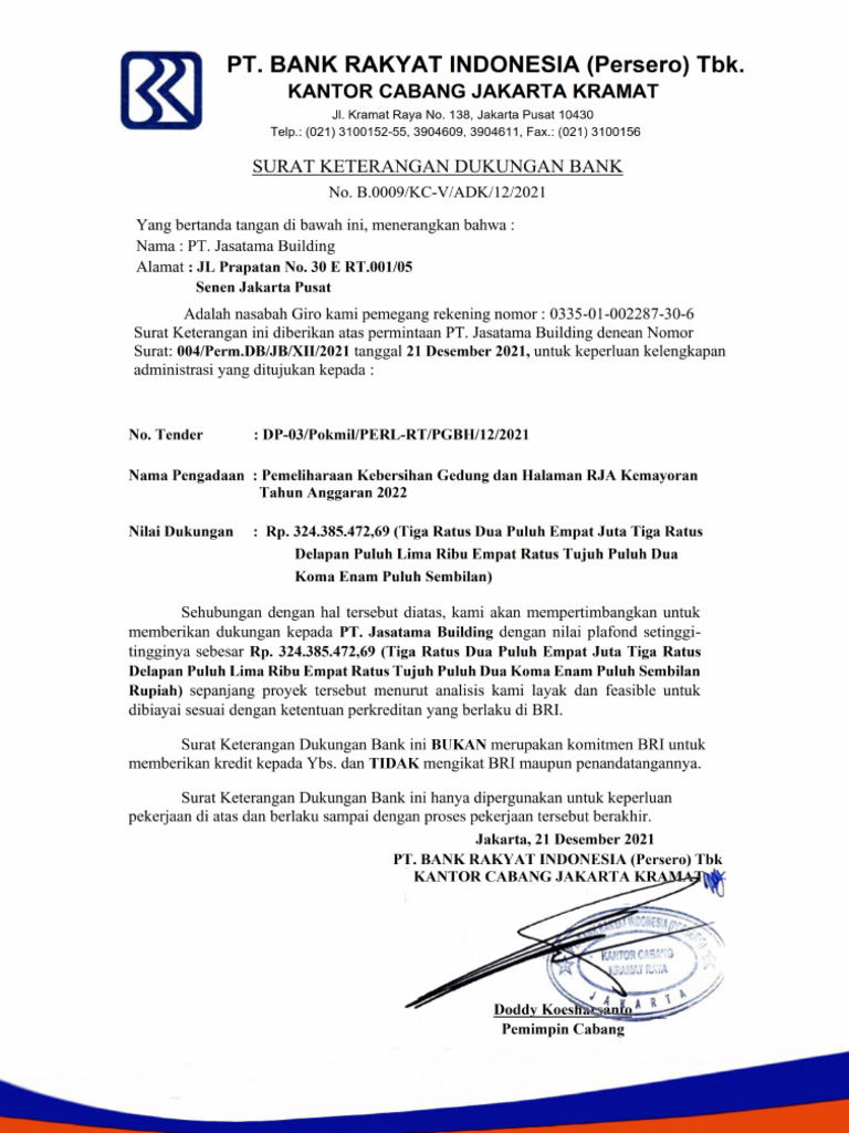 CONTOH SURAT DUKUNGAN BANK BRI | PDF CONTOH SURAT DUKUNGAN BANK BRI | PDF