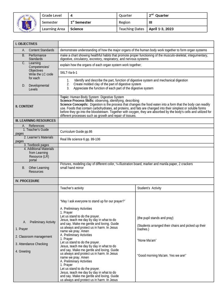 Grade 4 Science: Digestive System Lesson Plan | PDF | Small Intestine ...