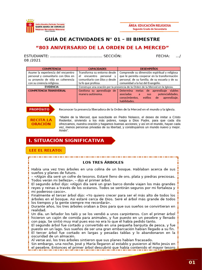 2021 - GUIA DE APRENDIZAJE N° 01 - BIMESTRE III - SEGUNDO GRADO DE SECUNDARIA | PDF | María ...