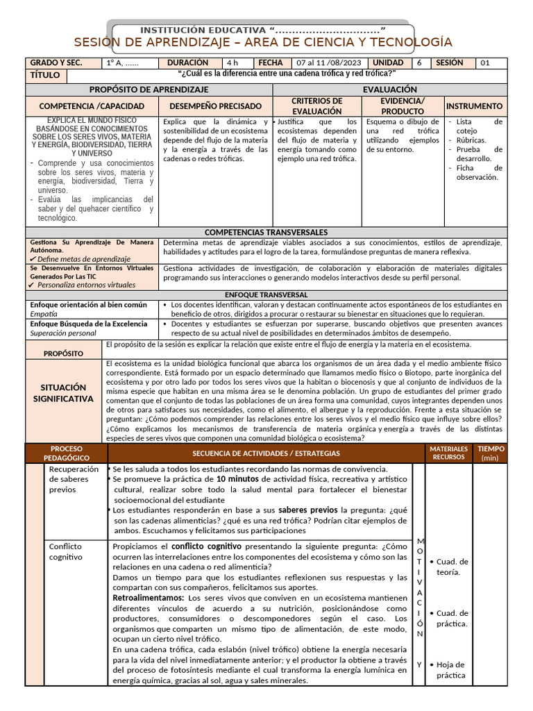 Unidad 6 - Sesión - Sem 1 - Ciencia 1° | PDF | Red alimentaria | Ecosistema