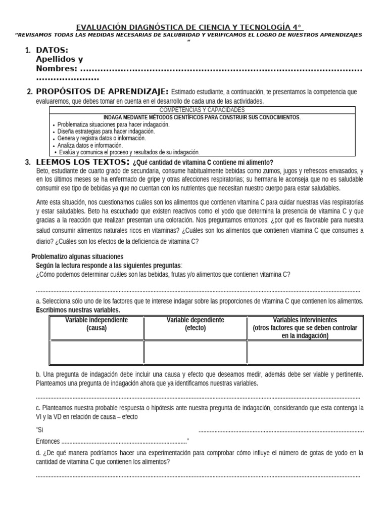 EVALUACION DIAGNOSTICA CIENCIA y TEC. 4° | PDF | Ritmo cardiaco ...
