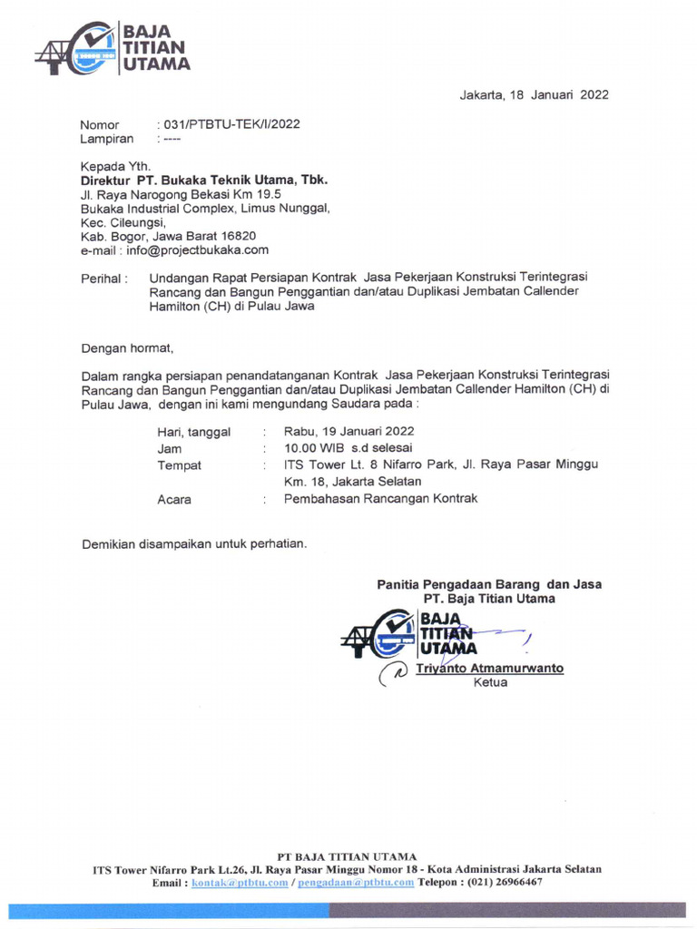Undangan Rapat Persiapan Kontrak - PT. Bukaka Teknik Utama | PDF