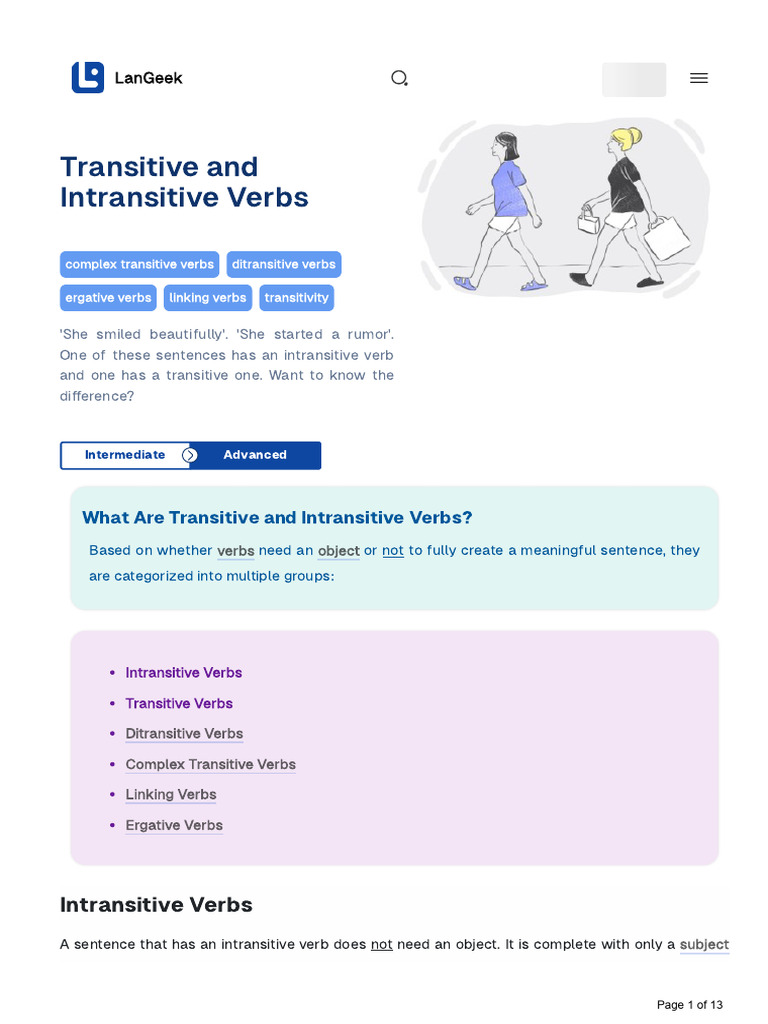 Transitive and Intransitive Verbs | PDF | Verb | Object (Grammar)
