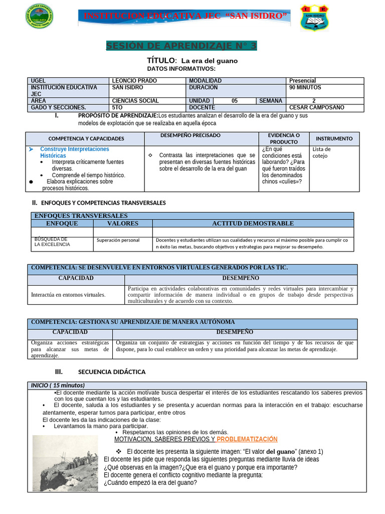 Sesion 1 5to Unidad 5 Semana 2. | PDF | Aprendizaje | Evaluación