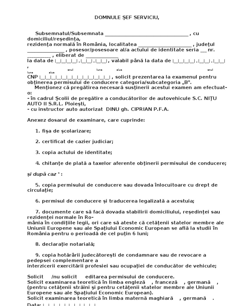 Cerere de Inscriere La Examenul Auto | PDF