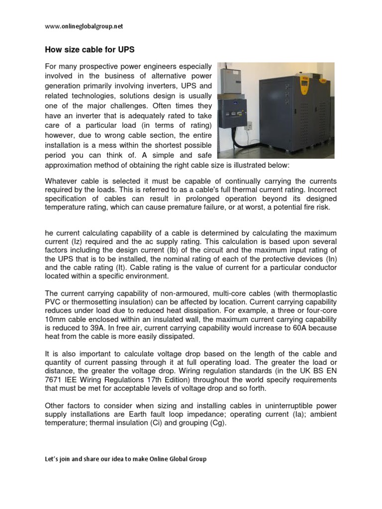 UPS Cable Sizing and Selection Guide | PDF | Electrical Wiring ...