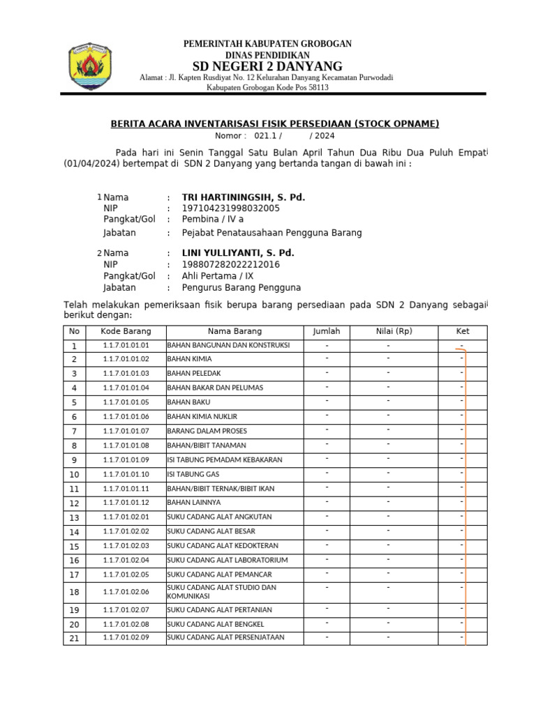 Master - Ba Stock Opname Satuan Pendidikan 2024 | PDF