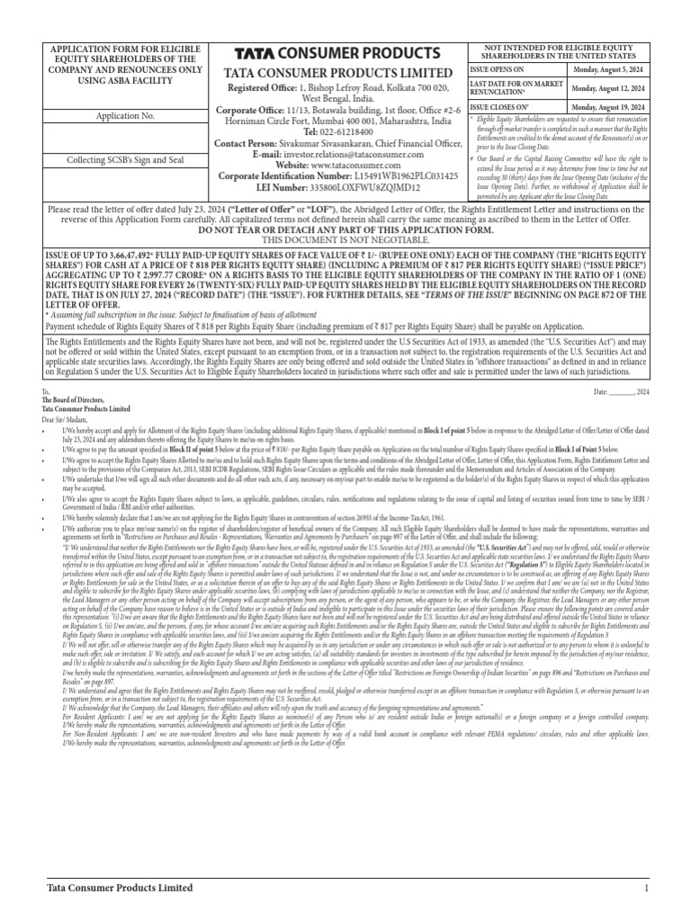 TATA Consumer Products Application Form | PDF | Securities Act Of 1933 ...