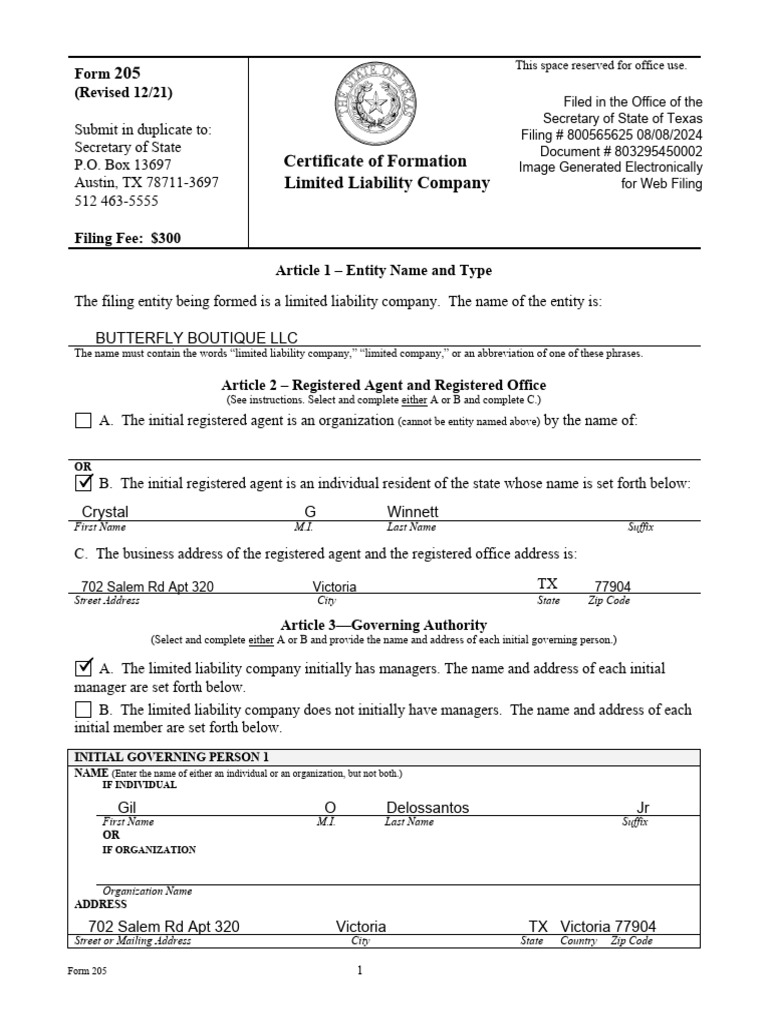 Form 205 - Certificate of Formation - BB | PDF | Registered Agent ...