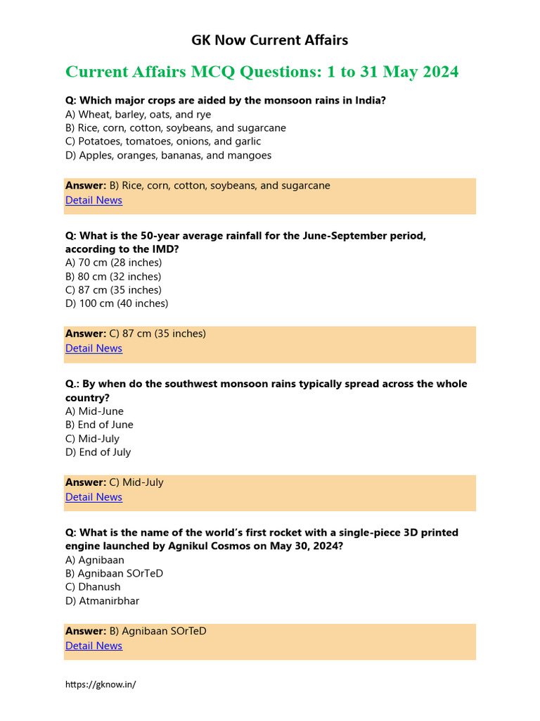 Monthly Current Affairs MCQ 1 To 31 May 2024 English | PDF | Travel
