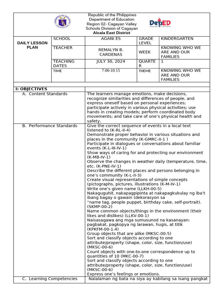 DLL Kinder W1D1 | PDF | Learning | Teachers