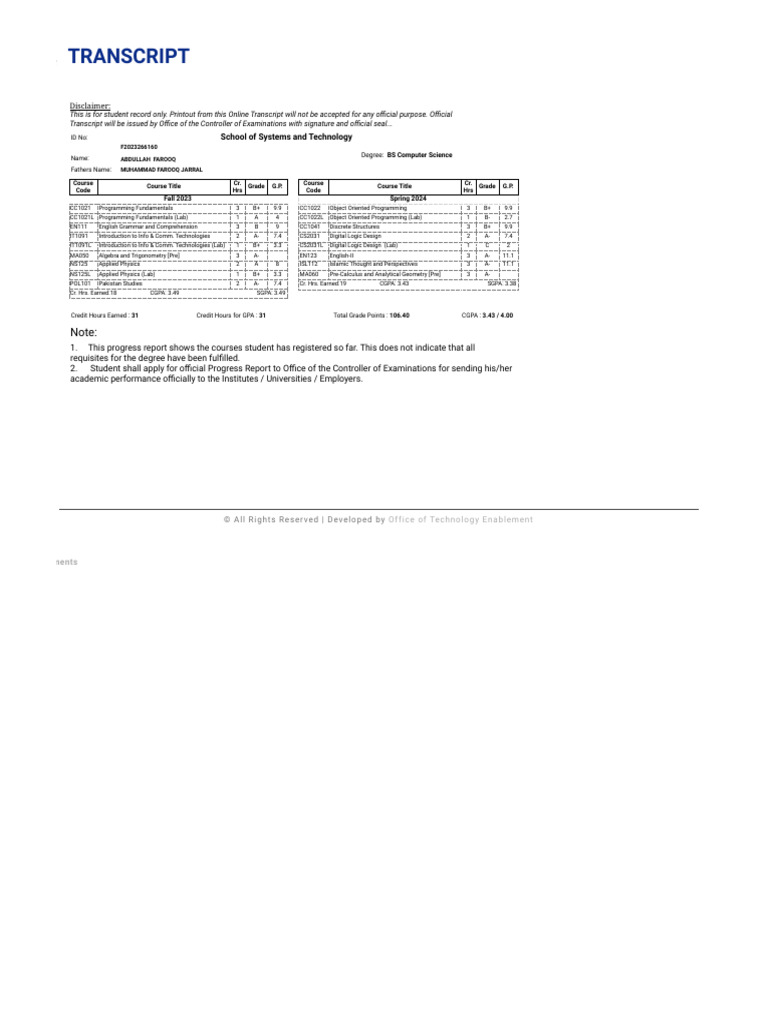 UMT Student Portal Transcript | PDF | Mathematics