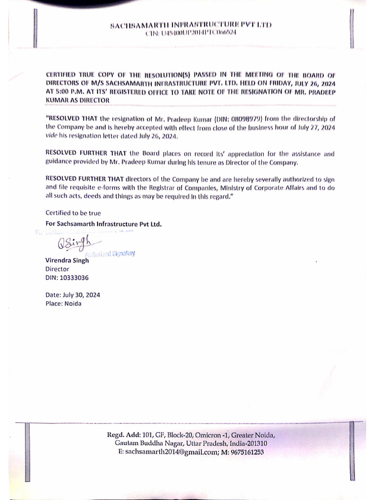 Certified Copy of Board Resolution For Resignation-Sachsamarth PDF | PDF
