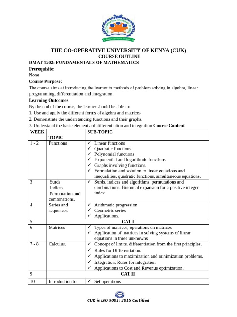 COURSE OUTLINE Fundamentals of Maths | PDF | Mathematics | Function ...