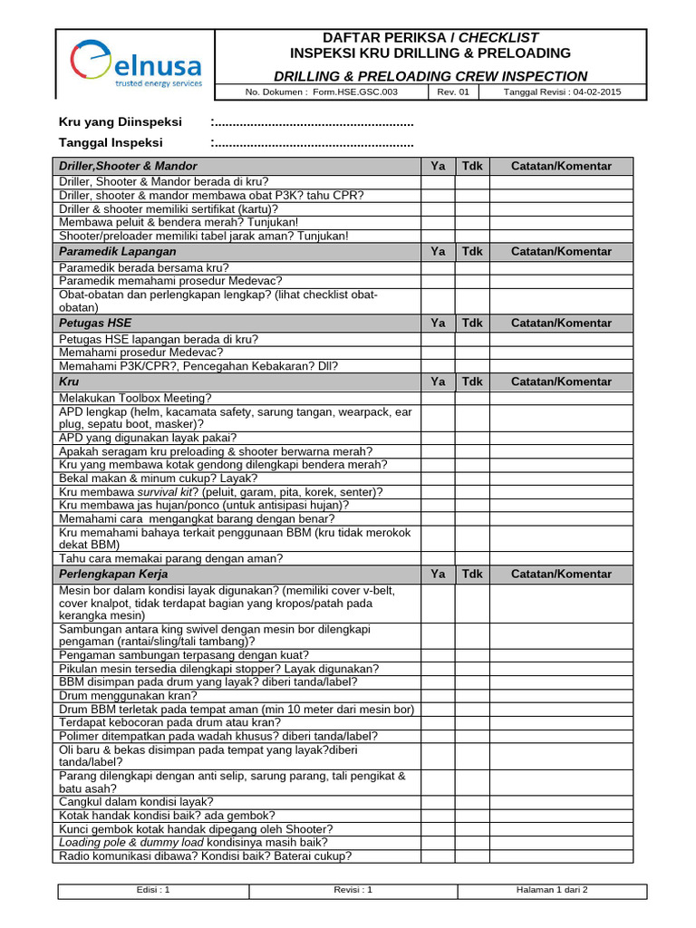 Inspeksi Kru Drilling & Preloading | PDF