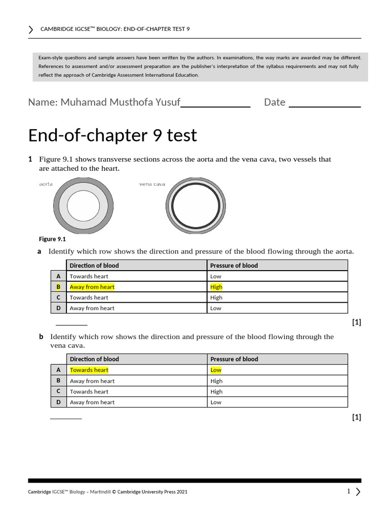 1723168385-Igcse Biology 4ed TR Eoc Test 9 | PDF | Heart | Artery