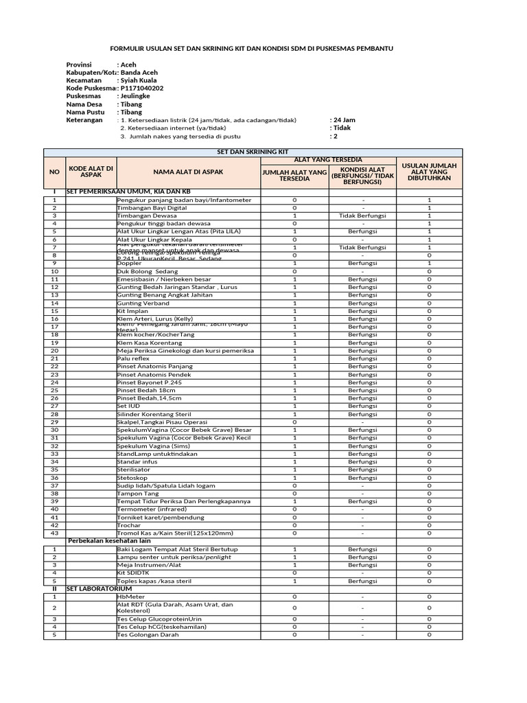 V3 Form Alat Dan Tenaga Pustu | PDF