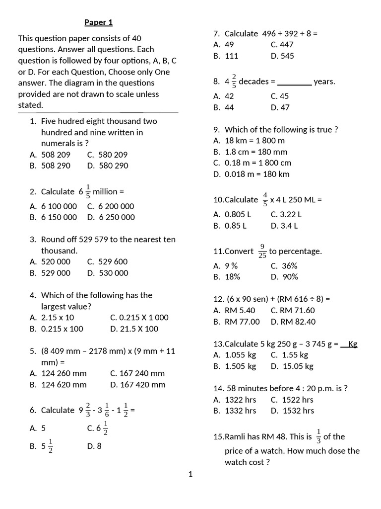 P6 Maths Paper 1 (Final Exam 2017) | PDF | Volume | Area
