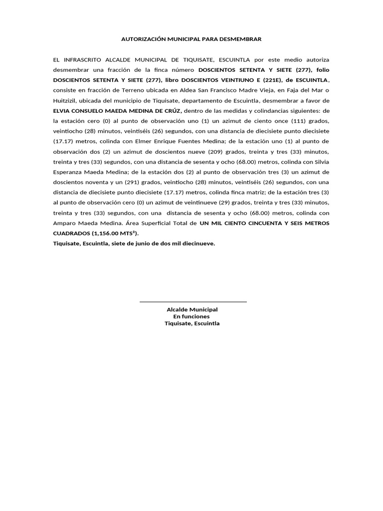 AUTORIZACIÓN MUNICIPAL PARA DESMEMBRAR JUNIO 2019 | PDF | Notación ...