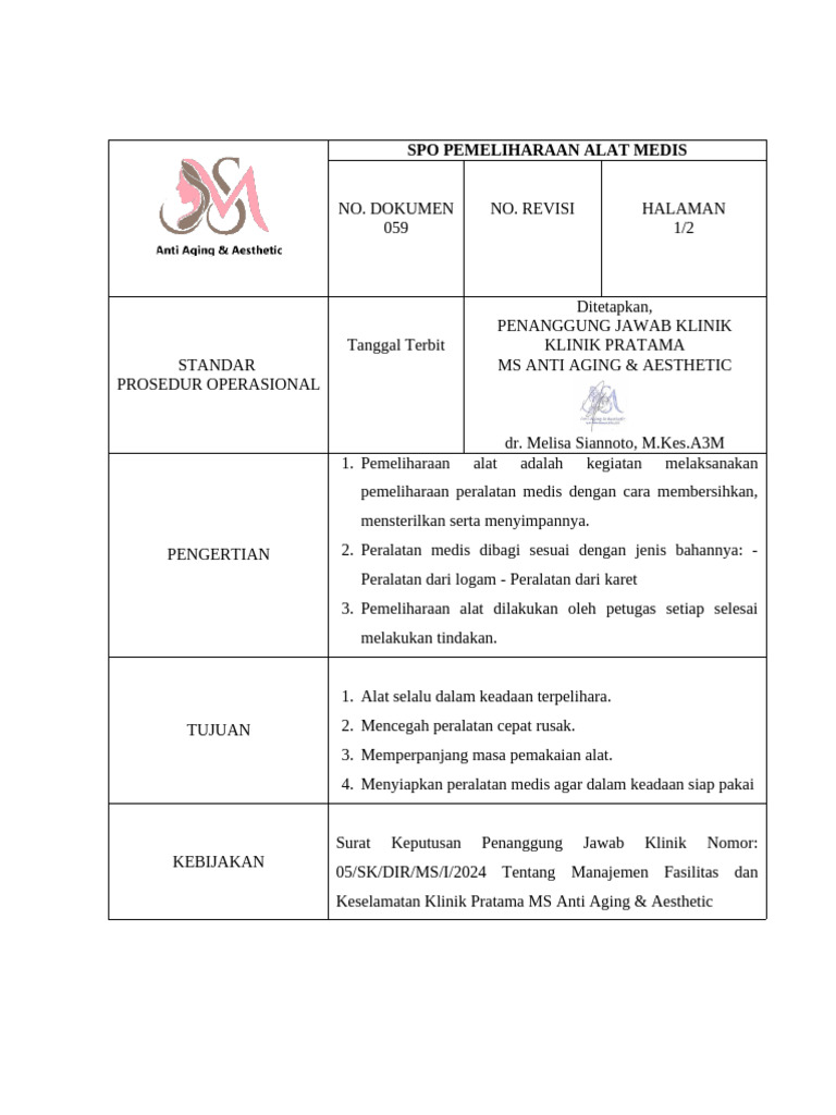 Sop Pemeliharaan Alat Medis MS | PDF