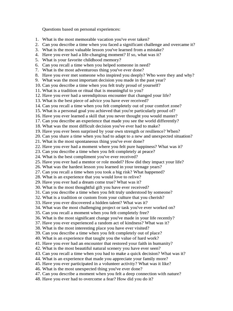 Questions Based On Personal Experiences | PDF | Experience | Social ...