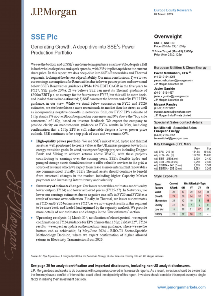 JP Morgan - Generating Growth A Deep Dive Into SSE's Pow | PDF | Hedge ...