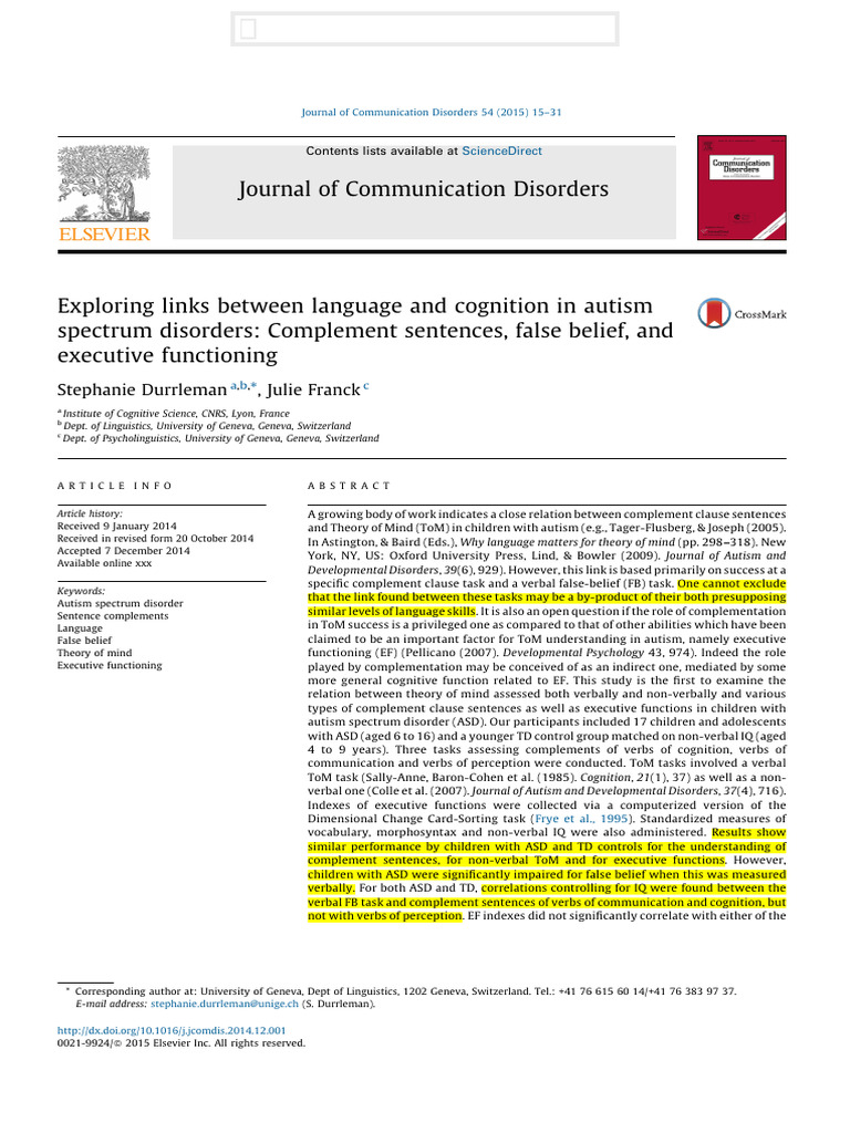 Exploring Links Between Language and Cognition in Autism Spectrum Disorders: Complement ...