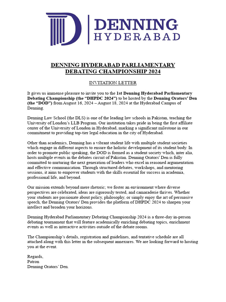 Denning Hyderabad Debate 2024 - Invitation | PDF | Public Speaking