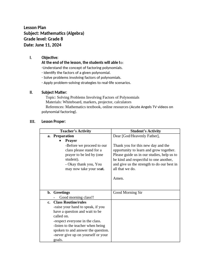 Lesson Plan in Mathematics | PDF | Factorization | Equations