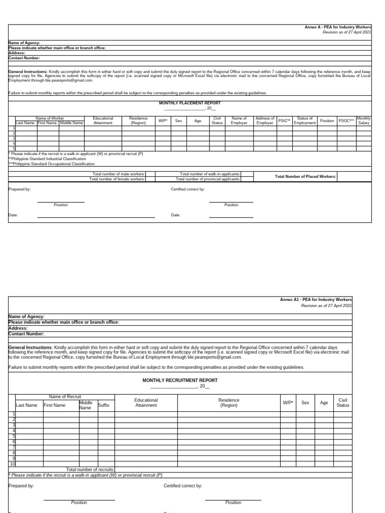 2021 PEA Monthly Recruitment and Placement Reporting Form | PDF ...