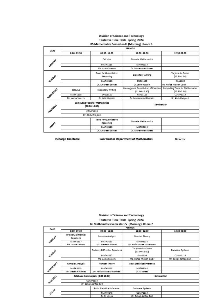 Morning-Time Table Mathematics Time Table Spring 2024 | PDF | Mathematics | Mathematical Analysis
