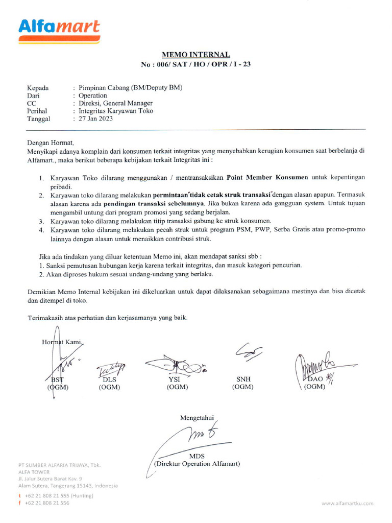 Memo Internal Integritas | PDF