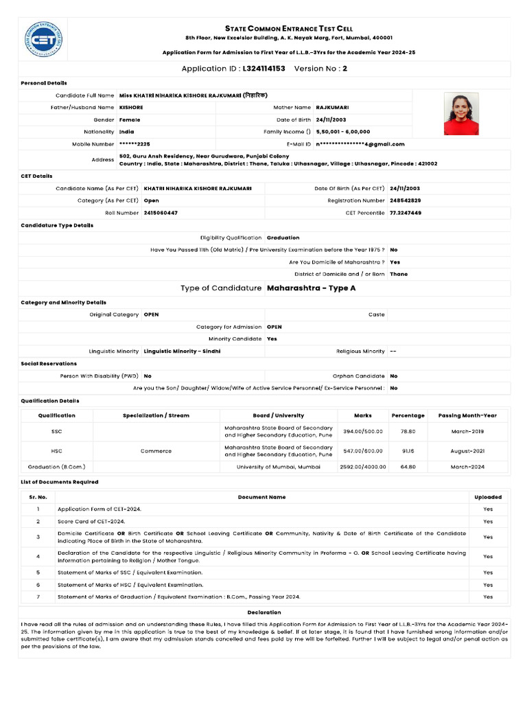 Niharika CAP Application Form | PDF