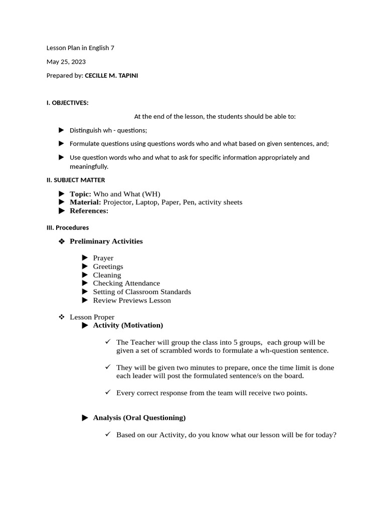 Final Lesson Plan in English 7 | PDF | Question | Verb