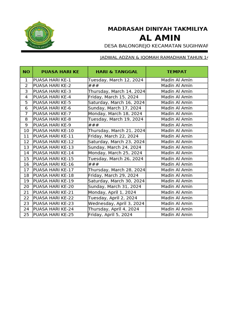 Jadwal Adzan Ramadhan 1445 H Al Amin | PDF