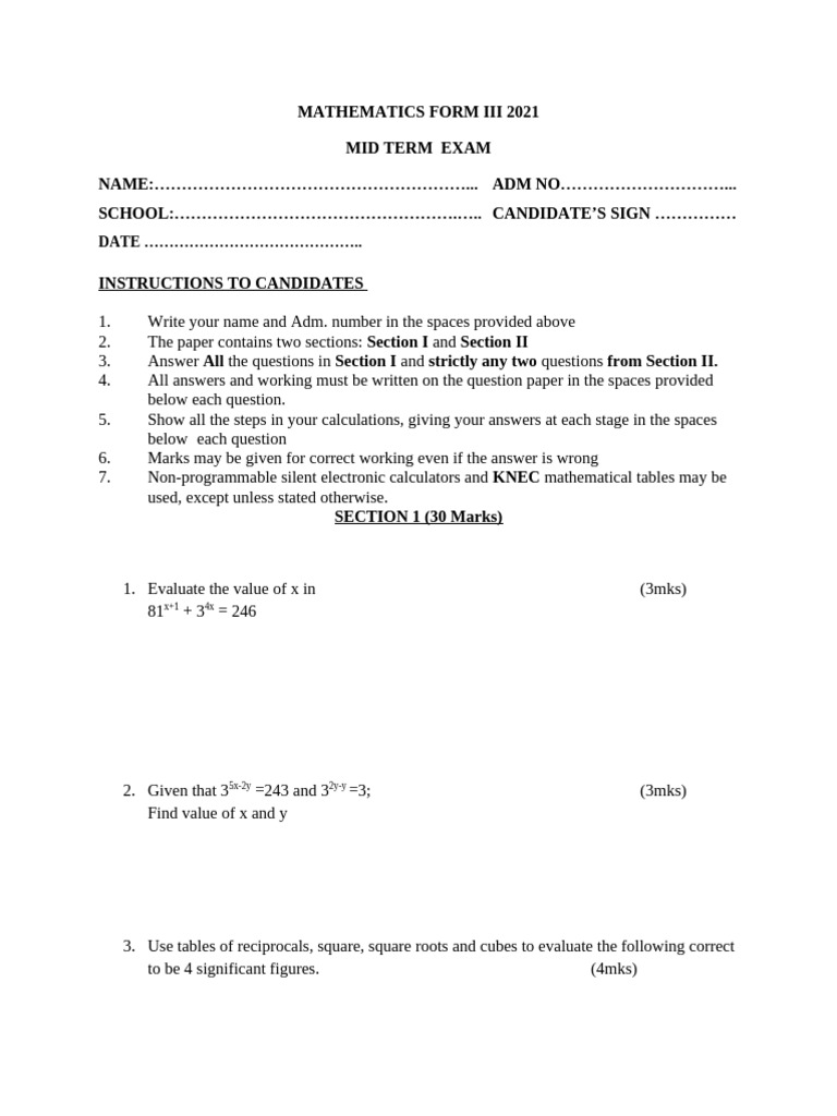 Set1-Maths-MidTerm-1-2021-Teacher.co_.ke-F3-Exam | PDF | Angle ...