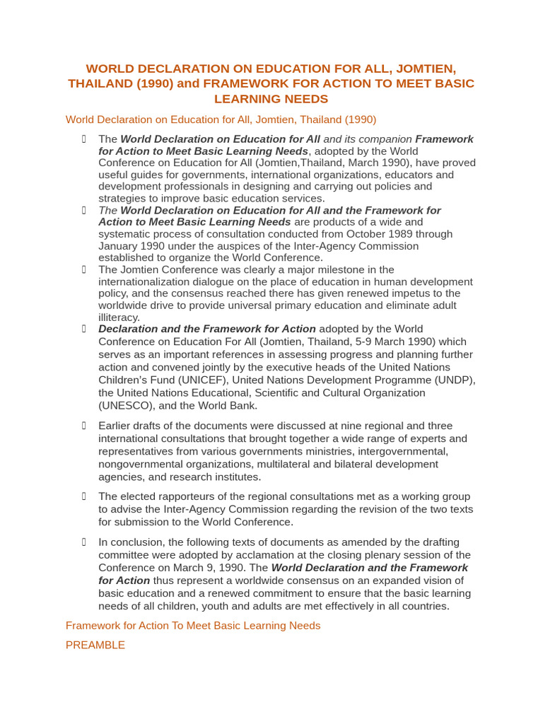 World Declaration On Education For All Group 4 | PDF | Curriculum ...