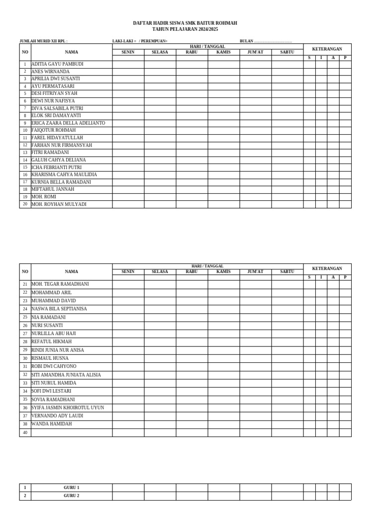 Daftar Hadir Siswa SMK Baitur Rohmah 2024 | PDF
