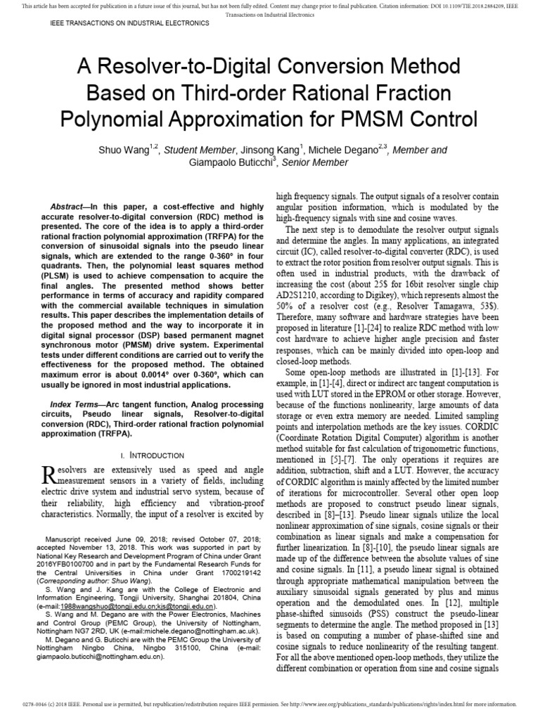 A Resolver-to-Digital Conversion Method Based on Third-order Rational Fraction Polynomial ...