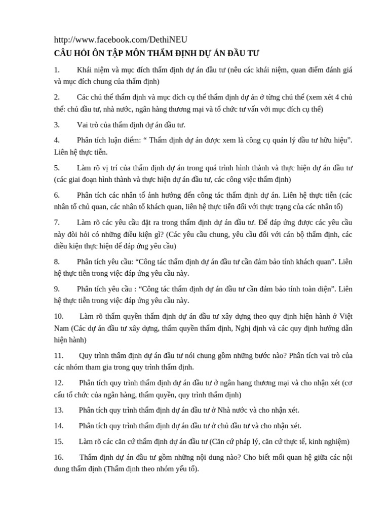 30 Cau Hoi On Tap Tham Dinh Du An Dau Tu - Co Dap An | PDF