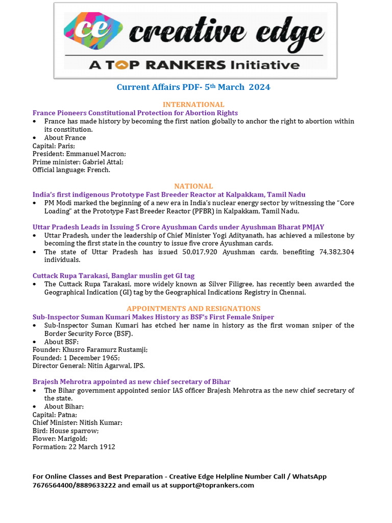 5th March 2024 Current Affairs | PDF | Government | Government Of India
