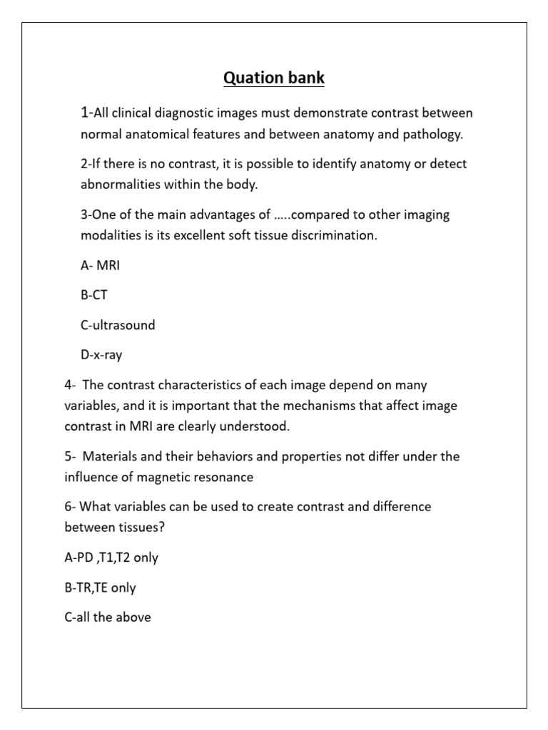 Quation Bank بدون اجابات | PDF | Magnetic Resonance Imaging | Knee