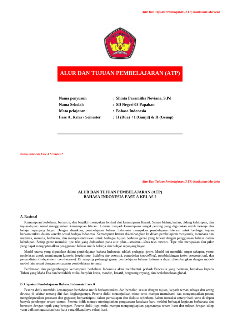 ATP Pembelajaran Bahasa Indonesia Kelas 2 | PDF | Pengembangan Diri
