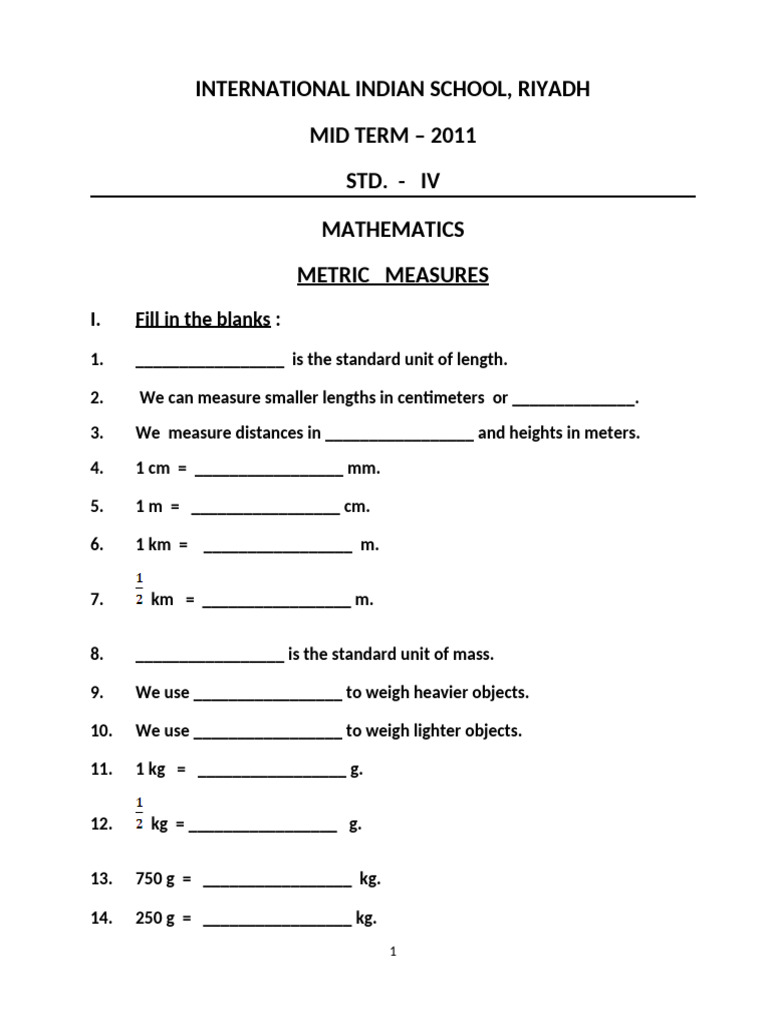IV Math MidtermUnit ws1 | PDF | Kilogram | Litre