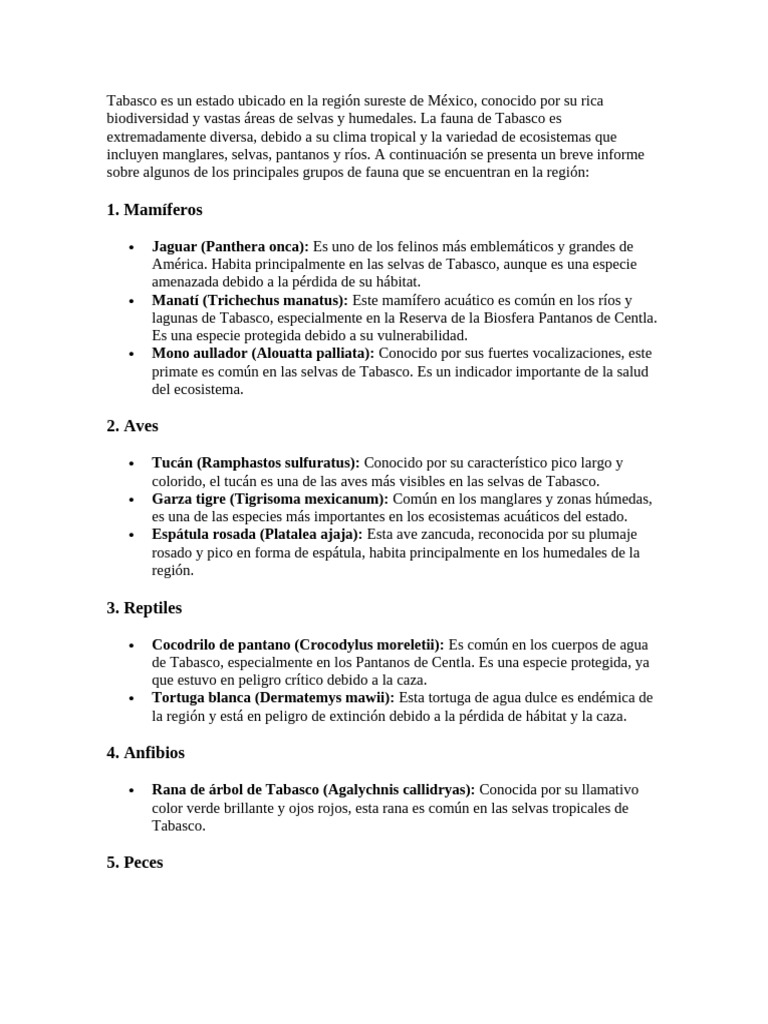 Fauna Diversa de Tabasco: Especies Clave | PDF