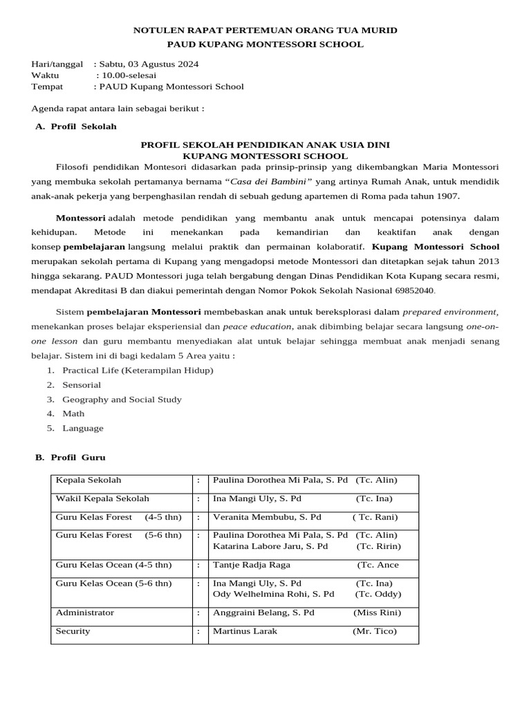 Notulen Rapat Pertemuan Orang Tua Murid 2024 | PDF