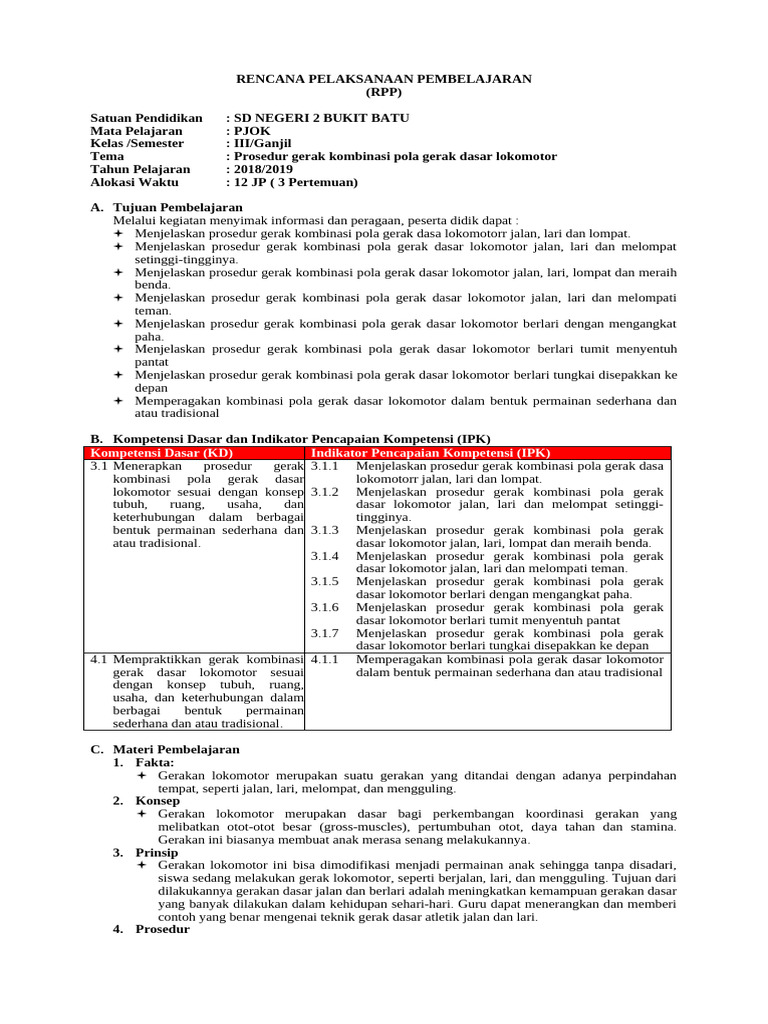 RPP ANGGI Prosedur gerak kombinasi pola gerak dasar lokomotor | PDF