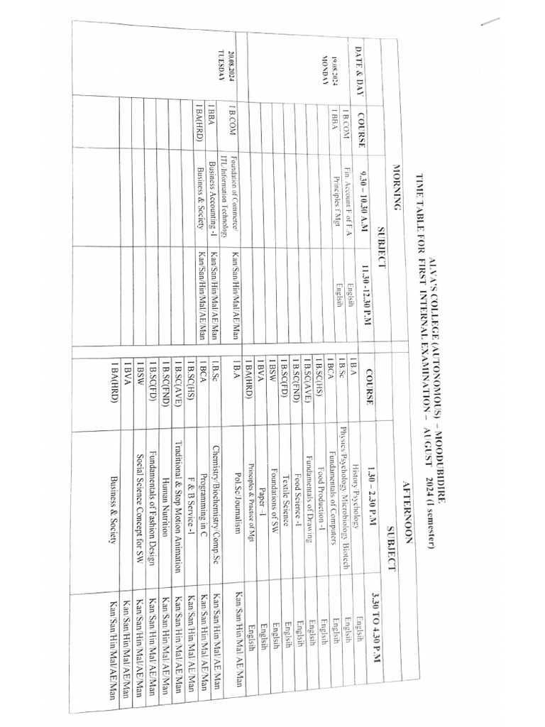 First Internal Exam Time Table (Autonomous Batch) | PDF