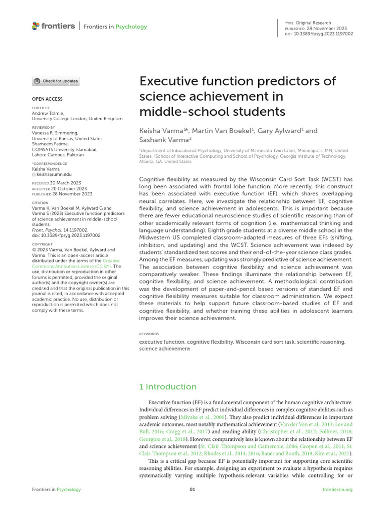 Executive Function Predictors of Science Achievement | PDF | Prefrontal Cortex | Executive Functions